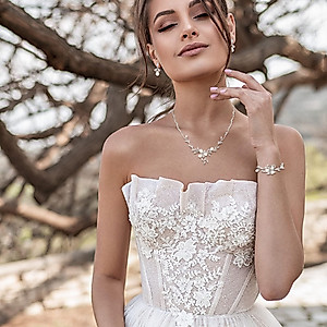 EVER FAITH Clear Marquise CZ Simulated Pearl Bride Flower Leaf Filigree Necklace Earrings Bracelet Set Silver-Tone