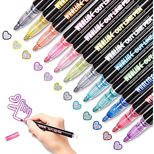 Whaline Double Line Outline Pens, 12 Colors Self-Outline Metallic Markers Glitter Writing Drawing Pens for Christmas Card Writing, Birthday Greeting, DIY Art Crafts, Scrap Booking