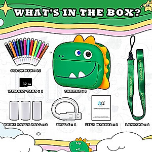WQ Kids Camera Instant Print, 1080P Dinosaur Digital Print Camera for Kids with Dual Lens,Selfie Video Camera with Phone Connected,Zero Ink Instant Print Camera Ideal Gift for Boys Girls 3-12