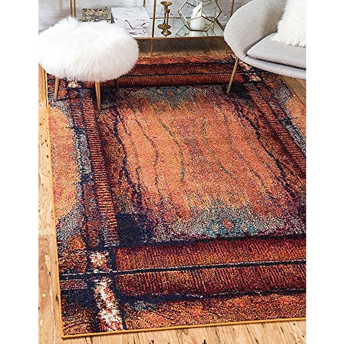 Unique Loom Estrella Collection Rustic, Distressed, Modern, Abstract Area Rug, 5 ft x 8 ft, Orange/Black