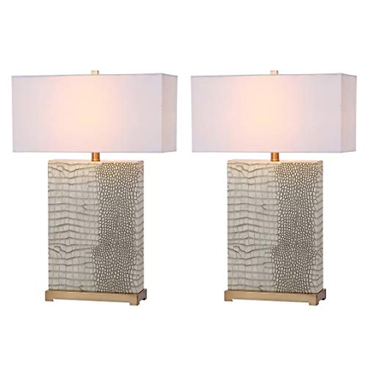 SAFAVIEH Lighting Collection Joyce Modern Art Deco Cream Faux Snakeskin Rectangle Shade 28-inch Bedroom Living Room Home Office Desk Nightstand Table Lamp Set of 2 (LED Bulbs Included)