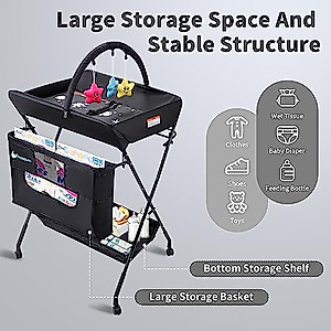 Portable Baby Changing Table - Waterproof Diaper Changing Table with Wheels, Adjustable Height Folding Diaper Station with Safety Belt, Large Storage Racks for Newborn Baby and Infant - Ocean, Black