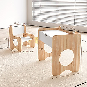 Woodtoe Kids Table and Chair Set with Storage & Chalkboard, Height Adjustable Toddler Chair, Montessori Art Table and Chair Set, Natural Wooden Activity Table, Drawing Dinner Desk for Baby Toddlers 1+