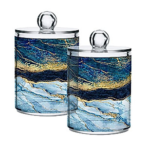 Kigai Blue Gold Marble Qtip Holder - 14OZ Clear Plastic Apothecary Jars Bathroom Canister Dispenser Organizer Vanity Storage Jar with Lid for Cotton Ball, Cotton Swab, Floss (2PACK)