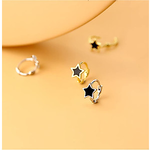 Reffeer Solid 925 Sterling Silver Black Star Huggie Earrings Hoops for Women Small Star Hoop Earrings Cartilage Helix Earrings (B-18K Gold)