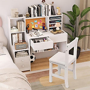 RUPOLX Childrens Computer Desk with 4 Drawers,White Kids Desk and Chair Set for 5-12 Year Old, Kids Study Table with Storage Shelf-i8Undc