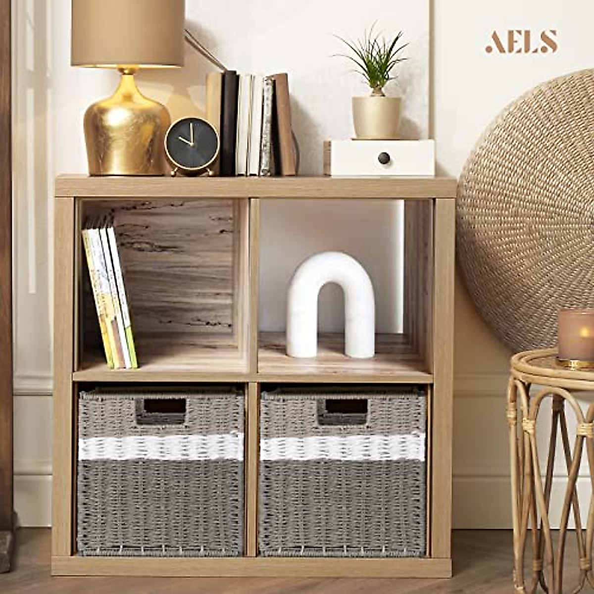 AELS Woven Baskets for Storage, Natural Hand-woven Storage Baskets for Organizing, Cubby Cubes Storage Bins for Shelves, 11" Modern Farmhouse Square Storage Cubes with Handles, Gray and White, 2 Pack