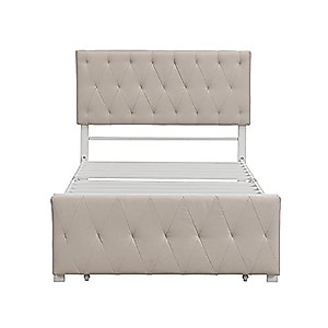 MERITLINE Twin Size Metal Bed, Twin Platform Bed Frame with Upholstered Headboard and Footboard, Metal Platform Bed with Drawer Storage No Box Spring Needed (Twin Size, Beige)