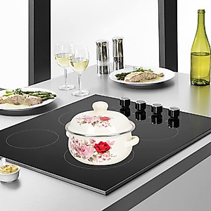 1L Flower Enamel Stock Pot with Lid Large Cooking Pot Flat Bottom Stew Pot for Soup, Stew, Canning