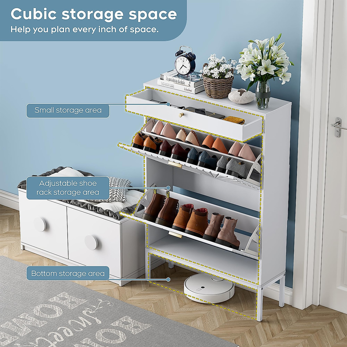 Brafab Shoe Storage Cabinet with 2 Flip Drawers&1 Small Drawer, Slim Entryway Shoe Organizer with Sun Pattern Doors for Leather Shoes,Pure White