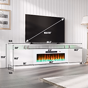 AMERLIFE Fireplace TV Stand with 40" Fireplace, 80" Modern High Gloss Fireplace Entertainment Center LED Lights, 2 Tier TV Console Cabinet for TVs Up to 90", White & White