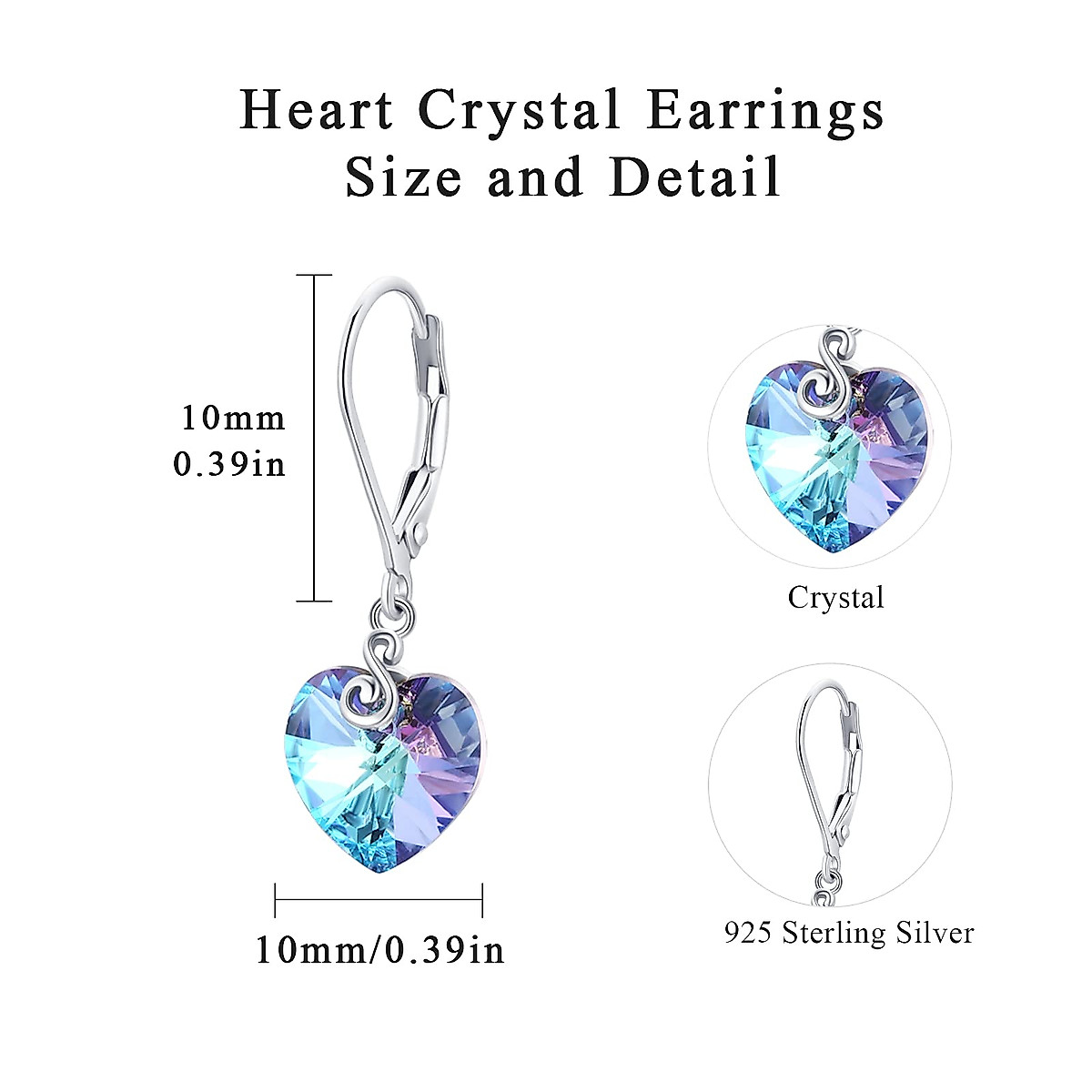 Sterling Silver Leverback Drop Earring with Austrian Crystal Hypoallergenic Heart Dangle Earrings for Sensitive Ears Jewelry Gift for Women