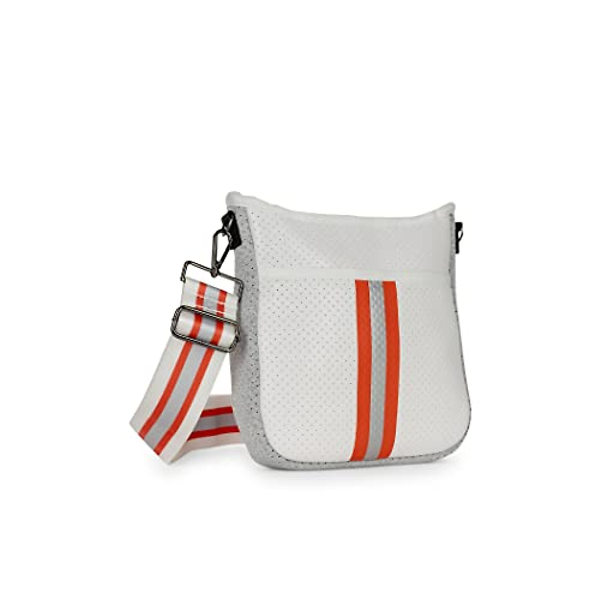 Haute Shore - Jeri Crush Crossbody Tote, White Coated W/Orange & Silver Stripe