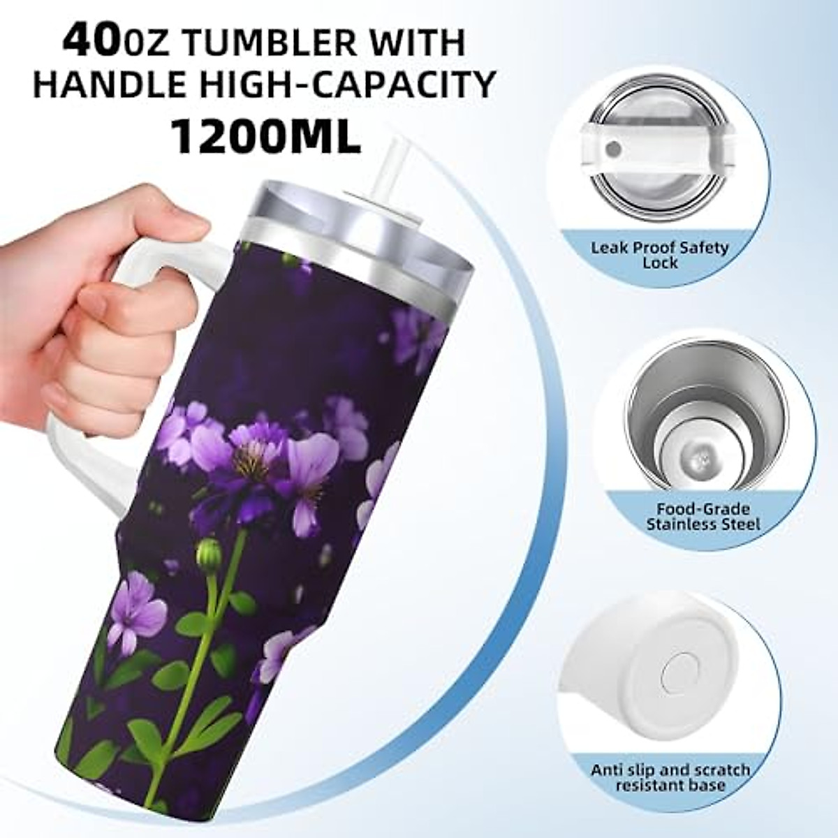 HULIBIN Blooming Purple Flowers Print Double Deck Stainless Steel Travel Coffee Cup With Lid 40 Oz Ice Bully Cup