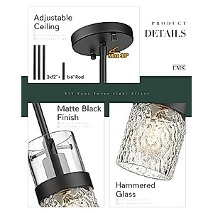 LMS Black Pendant Lights, Modern Industrial Pendant Lighting for Kitchen Island with Hammered Glass, LMS-172