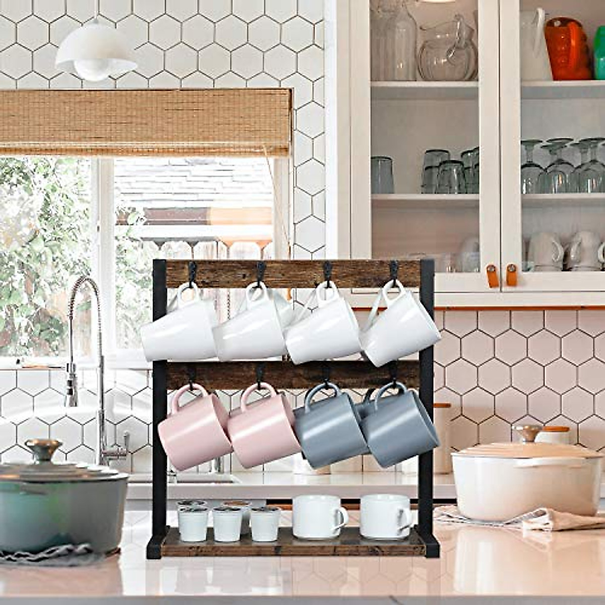 OROPY Vintage Wood Coffee Mug Holder Stand, 2 Tier Countertop Mug Tree Holder Rack for Coffee Mugs Cups, Dark Brown (Double Side,16 Hooks)