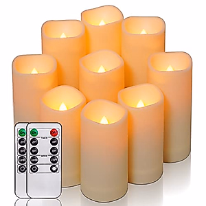 Amagic Flameless Candles Battery Operated Candles Flickering, Outdoor Waterproof LED Pillar Candles with Remote Control and Timer, D 2.2" x H 4" 5" 6", Ivory, Plastic, Set of 9