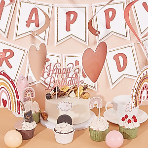 26 Pcs Rainbow Birthday Party Decorations with Bohemian Theme Happy Birthday Banner, Cake Toppers, Ceiling Hanging Swirl Spirals with Cards for Neutral Baby Shower Birthday Party Supplies