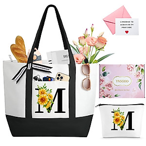 TRSODD Womens Christmas Gifts, Ini-tial Tote Bag for Women w Makeup Bag, Personalized Sunflower Gifts, 50th Birthday Grandma Mom Bride Sister Gifts, Mono-gram Beach Bag w Inner Pocket Card Gift Box M