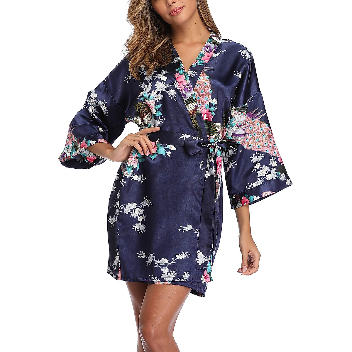 UrHot Women's Floral Kimono Satin Short Robe Peacock and Blossom Soft Bathrobe for Wedding Party Getting Ready