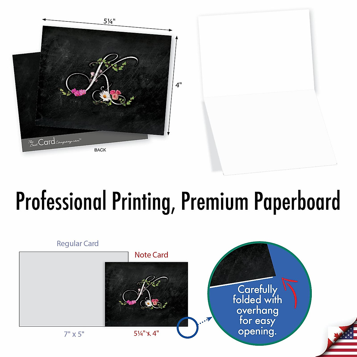 The Best Card Company - 10 Initial Letter K Assorted Blank Notecards, Floral Monogramed Personal Stationery w/Envelopes Bulk Box Set 4 x 5.12 Inch Thank You Notes - K Chalk and Roses M3795OCB-B1x10