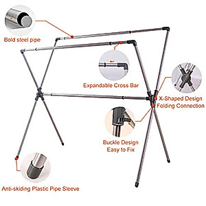 BAOYOUNI Double Poles Folding Clothes Drying Rack Stainless Steel Expandable Rods Space Saving Retractable Heavy Duty Garment Hanger Rail 37'' to 66'', Grey