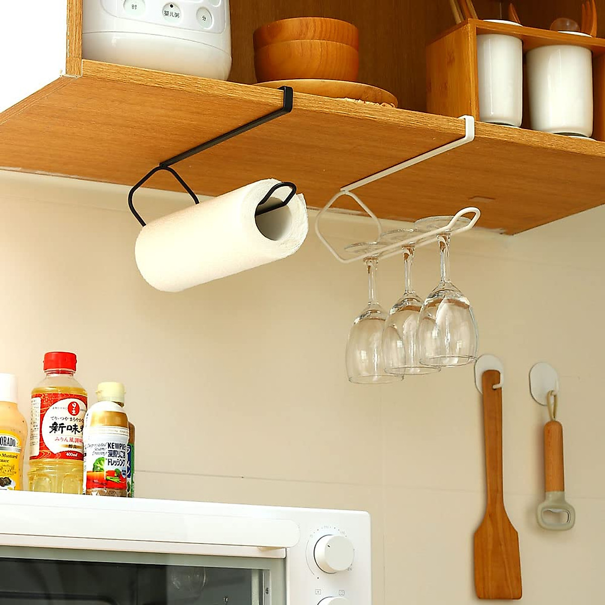 LINFIDITE Paper Towel Holder Hanger Under Cabinet Wine Glass Holder Paper Towel Racks No Drilling Sliding Wall Mount Paper Rolls Rack Kitchen Hanging Storage Rack