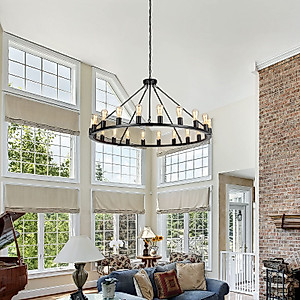 Senyshilon Wagon Wheel Chandelier, Black Farmhouse Chandelier for Dining Room Light Fixture, 20-Light 48 Inch Extra Large Chandelier for High Ceilings Living Room Kitchen Island Foyer Villa