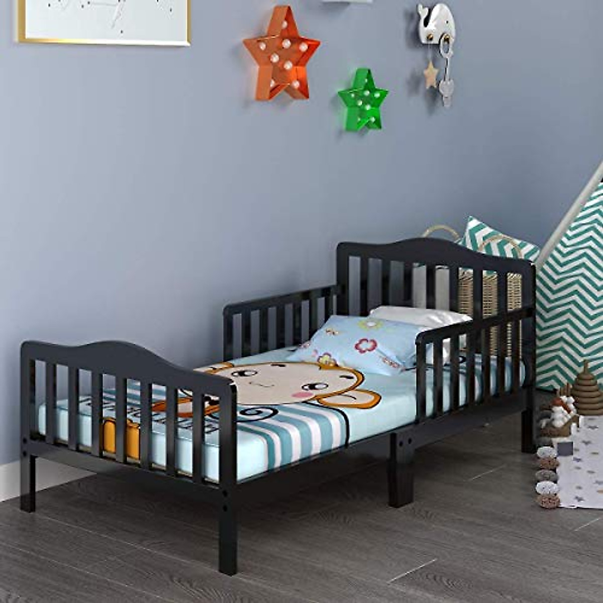 Costzon Toddler Bed, Classic Wood Kids Bed Frame w/Double Safety Guardrail, Low to Floor Design, Wooden Slat Support, Fits Full Size Crib Mattress, Bedroom Furniture for Boys & Girls (Black)