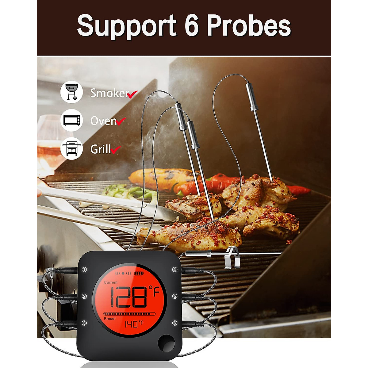 BFOUR Meat Thermometer Wireless Bluetooth, Digital Meat Thermometer with Dual Probe, Wireless Remote BBQ Thermometer for Smoker Kitchen Cooking Grill Thermometer Timer for Grilling BBQ Oven Candy
