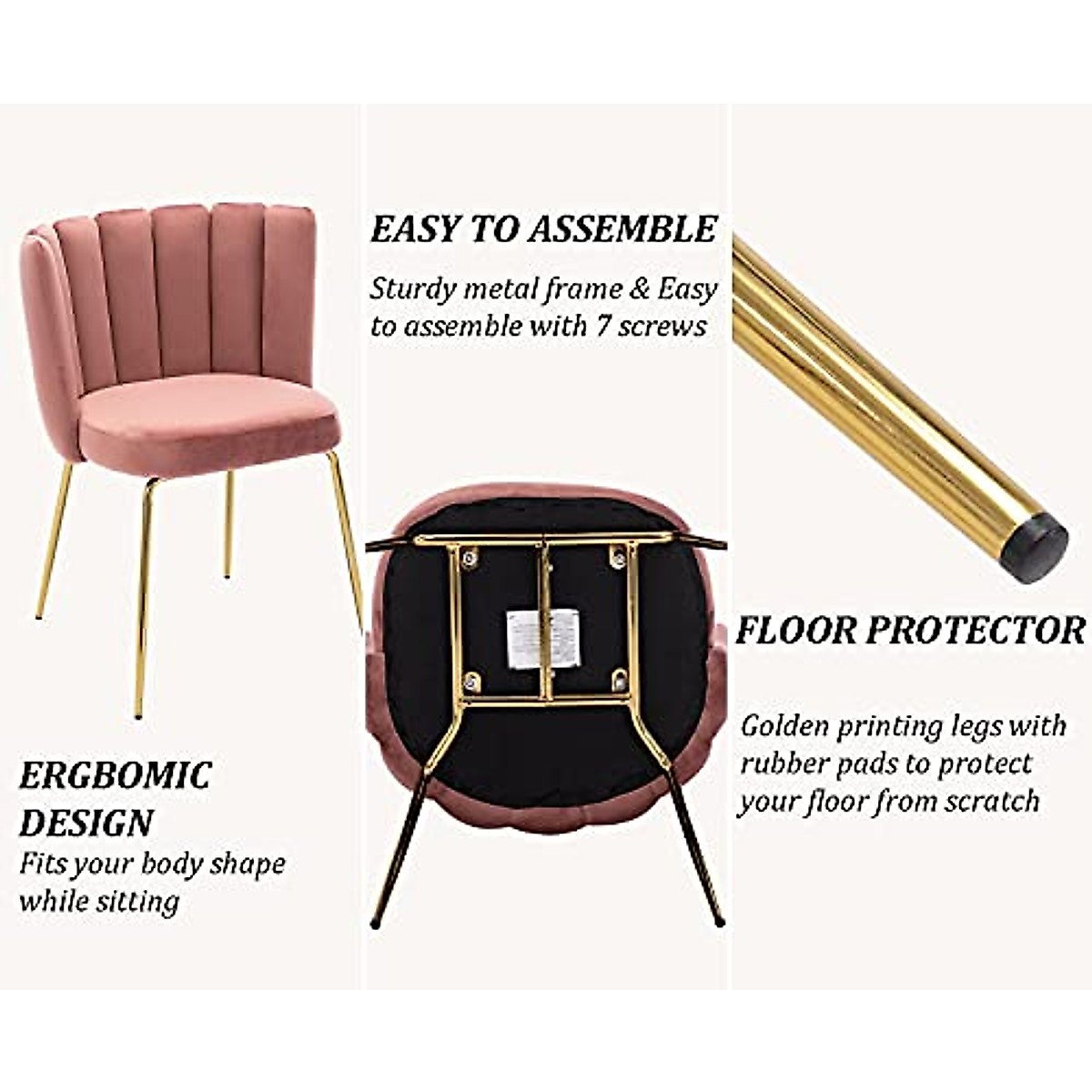 DM Furniture Velvet Dining Chairs Set of 2 Modern Accent Chair Upholstered Side Chair with Gold Metal Legs for Home Kitchen Living Room, Pink