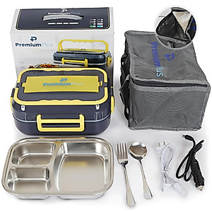 PREMIUMPLUS Electric Lunch Box Food Heater- Portable Food Warmer with Carrying Bag, Fork & Spoon- Lunch Box Warmer Portable for Work Car Truck- 1.5L Crockpot Lunch Warmer- 60W 12V/24V/110V (Purple)