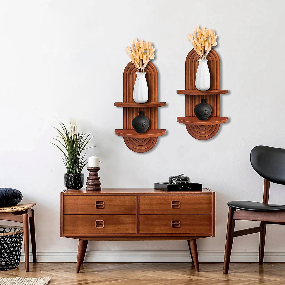 ZELURA 2 Pieces Boho Wall Shelf, Mid Century Shelves, Double Shelves, Decorative Bohemian Rainbow Hanging Shelves for Bathroom, Bedroom, Kitchen, Living Room, Laundry Room (Brown)