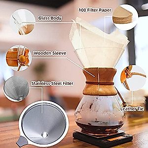 BicycleStore Pour Over Coffee Maker, Paperless Glass Carafe with 100 Filter Paper Reusable Glass Coffee Pot Manual Dripper Brewer Hand Drip with Stainless Steel Filter for Home Travel (14 oz/400 ml)