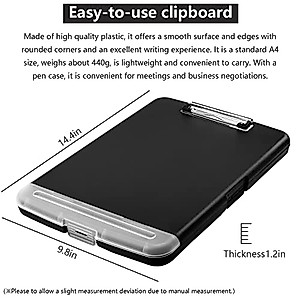 Clipboard with Storage, A4 Binder Clipboards with Pen Holder,Heavy Duty Plastic Storage Clipboard with Low Profile Clip,Nursing Clipboard Folder Side-Opening,Smooth Writing Clip Board for Office-Black