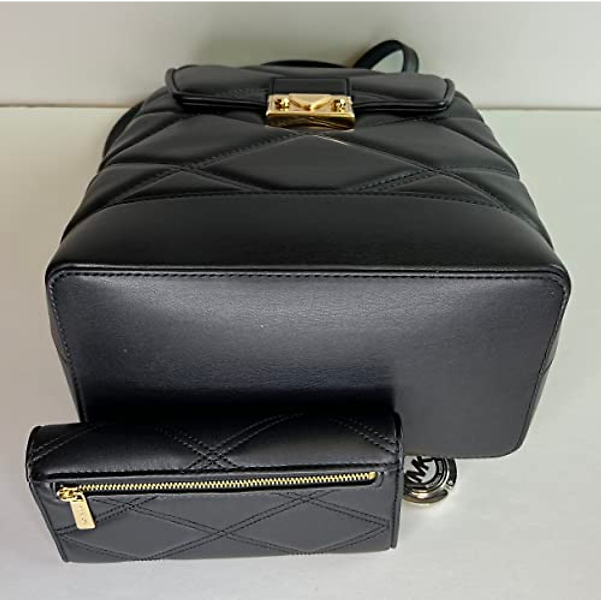 Michael Kors Serena MD Flap Backpack bundled with Trifold Wallet and Purse Hook (Black)