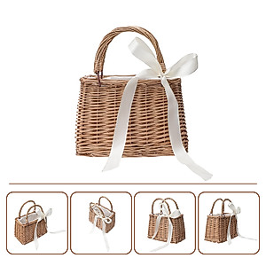 CARMELIT Flower Girl Basket Boho Style Rattan Baskets with White Ribbon for Weddings, Classic Wicker Handbag Basket Purse Basket Bags Women Straw Tote with Handle