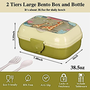 Bento Box Adults Lunch Box, Bento Box for Kids, Durable for On-the-Go Meal, 2 Tiers All-In-One Food Containers with 3 Compartments, Spoon, Fork and Water Bottle, Food-Safe (Green)