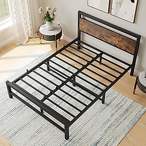 FOUBAM Full Bed Frame with Wood Headboard,Heavy Duty Platform Bed Frames with Storage No Box Spring Needed,Reinforced Steel Square Pipe Mattress Foundation Noise Free,Black and Rustic Brown