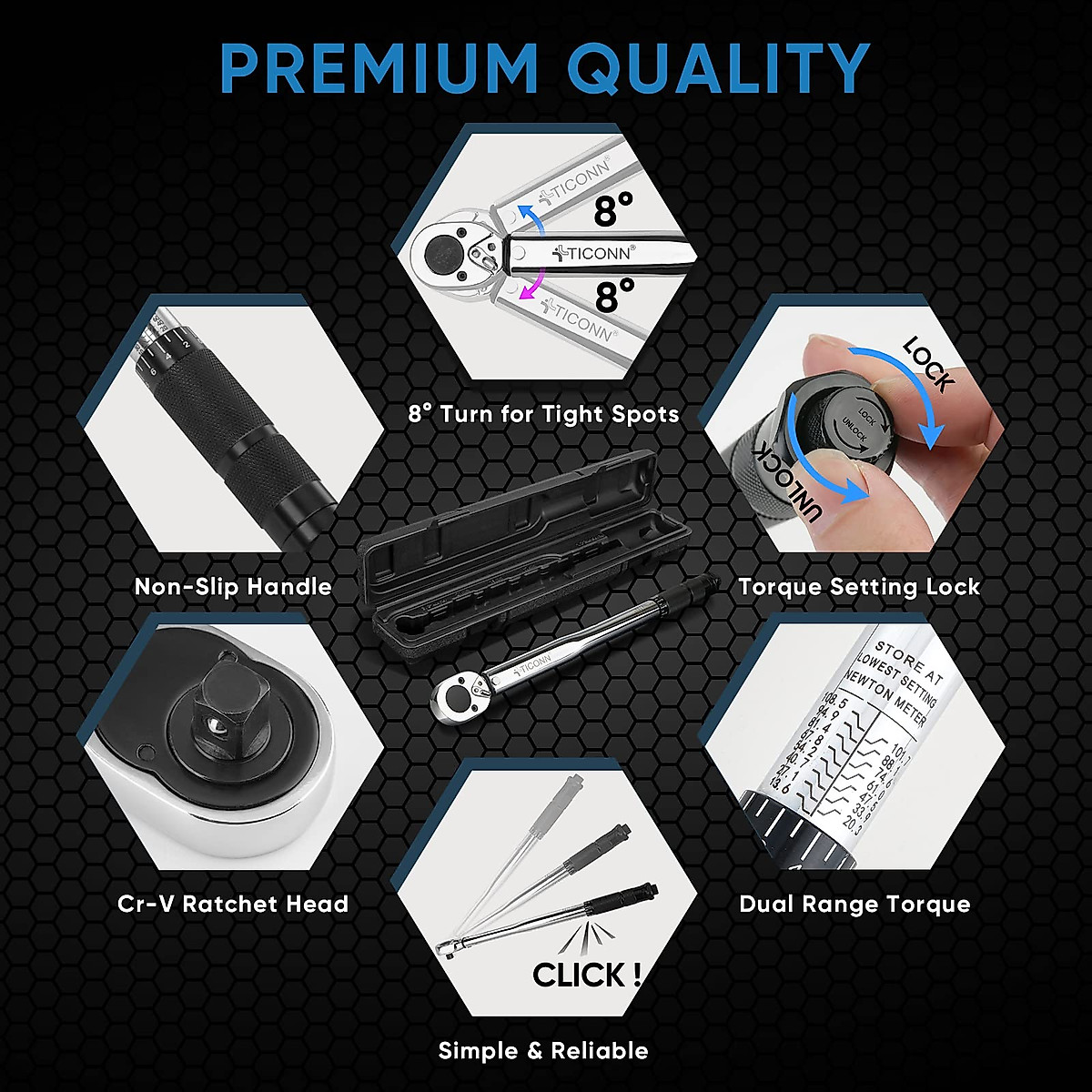 TICONN 1/4-inch Drive Click Torque Wrench, 20-200 in-lb, SAE/Metric Dual Range, Chrome Vanadium Steel