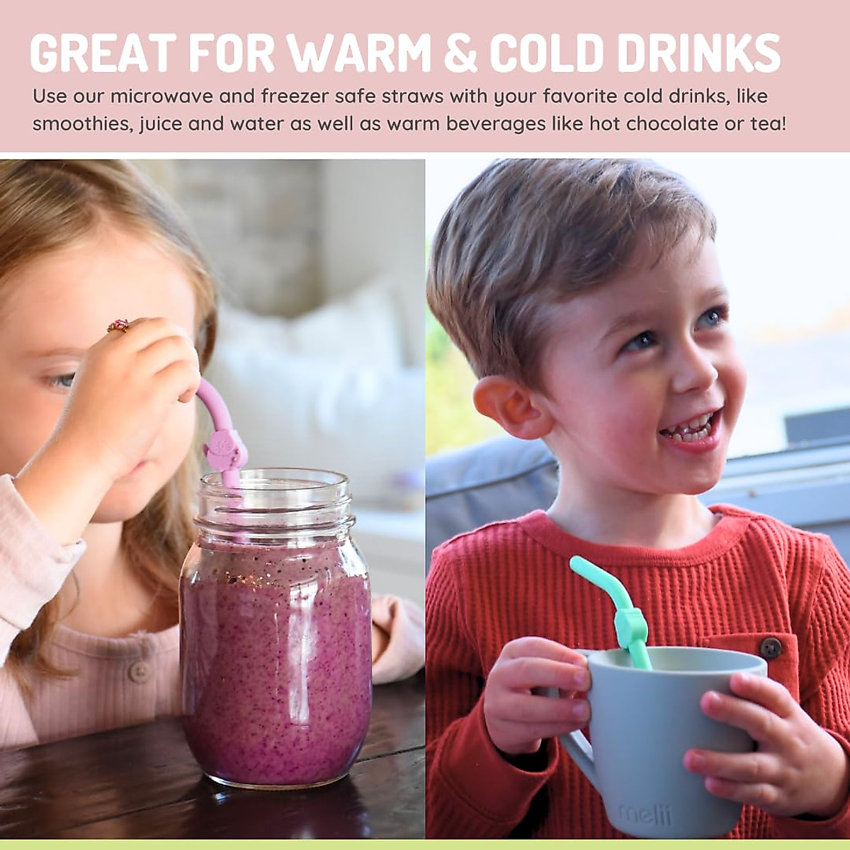 melii Reusable Silicone Animal Straws for Kids with Cleaning Brush – BPA Free, Dishwasher & Microwave Safe (12 Straws)