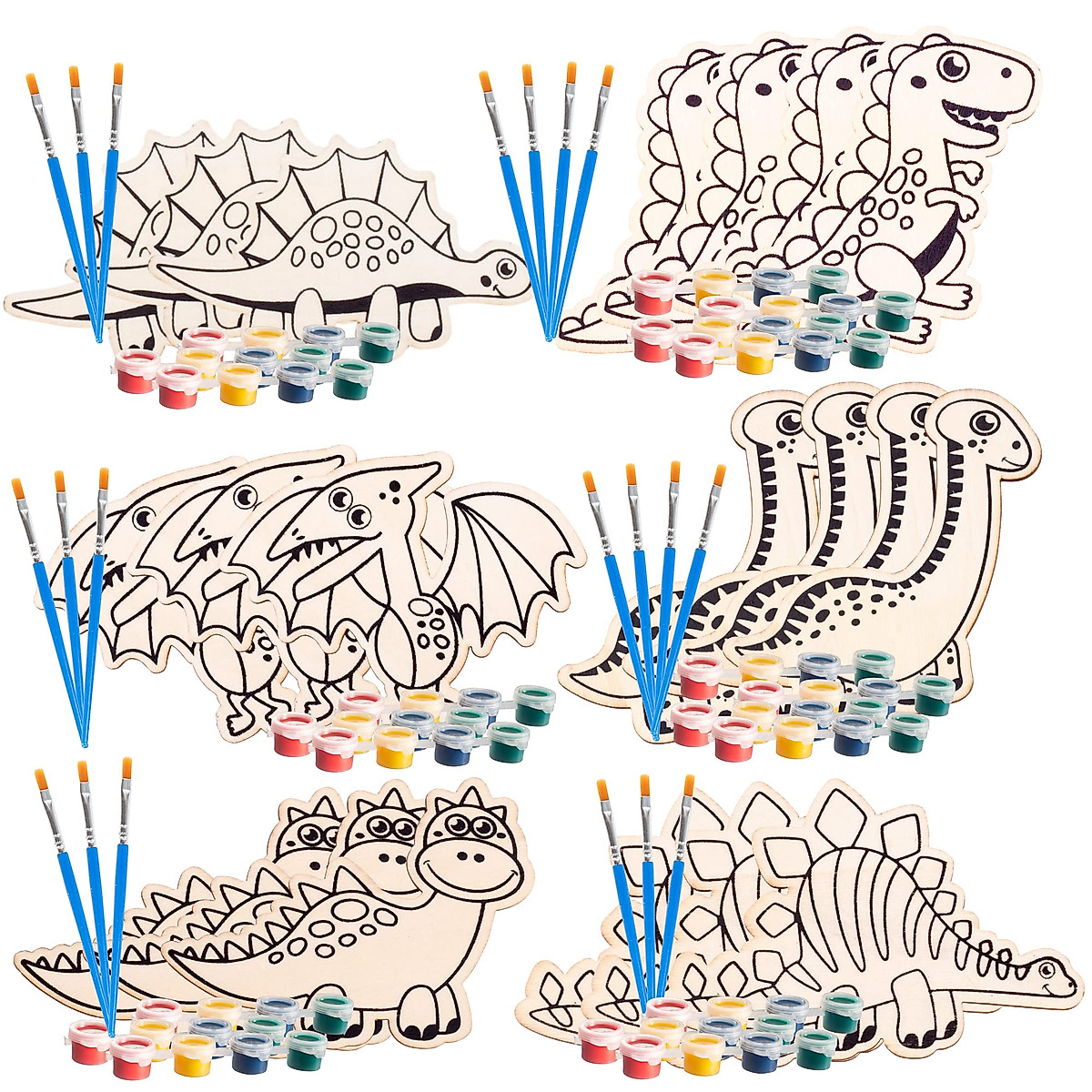 Kids Party Dino Wood Painting Craft Kits (20ct)- Dinosaur Designs- Each Kit Has its Own Brush, Paint, & Figure- Fun, Unique Valentines Party Activity, Favors or Classroom School Projects Gift