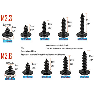 LBY 1000pcs M2.3 M2.6 Truss Head Self Tapping Screws, Wafer Head Screws, Pan Head with Washer Screw 10 Sizes Self Tapping Screws Assortment Kit, Carbon Steel (Blacking)