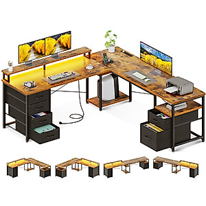 AODK 66" L Shaped Computer Desk, 113“ Reversible Home Office Desk with File Cabinet & 4 Fabric Drawers, Two Person Desk with LED Lights & Power Outlet, Corner Gaming Desk with Monitor Shelf, Vintage