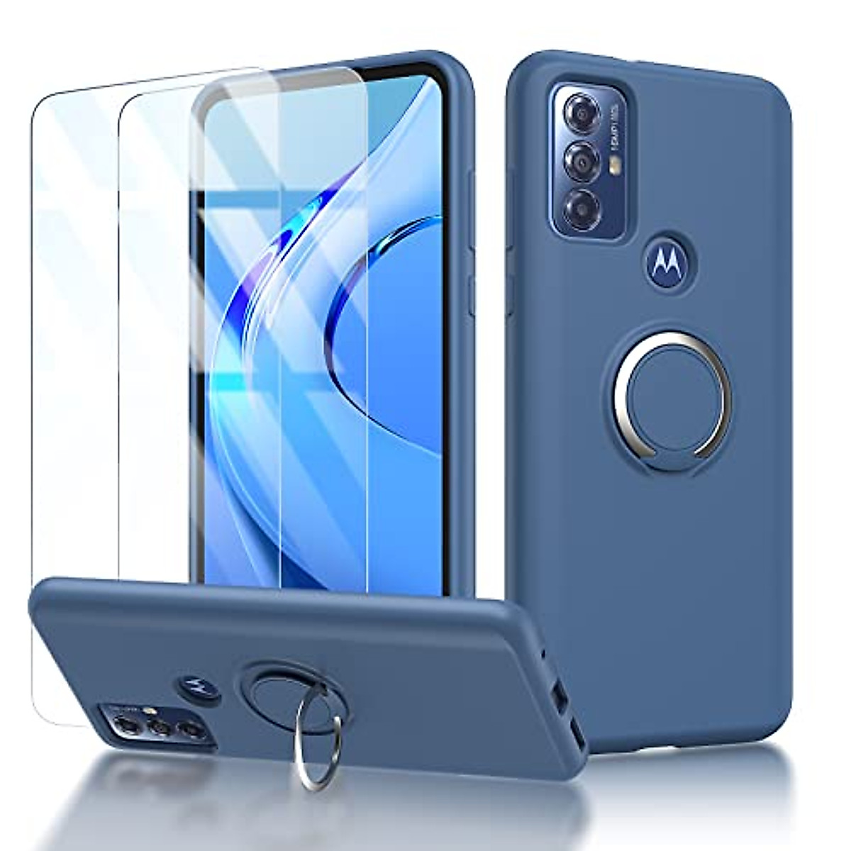 for Motorola Moto G Play 2023 | G Power 2022 | G Pure 2021 Case: with 2 Pack Tempered Screen Protector & Built in 360° Adjustable Ring Kickstand Shockproof Protection Soft TPU Silicone Phone Cover