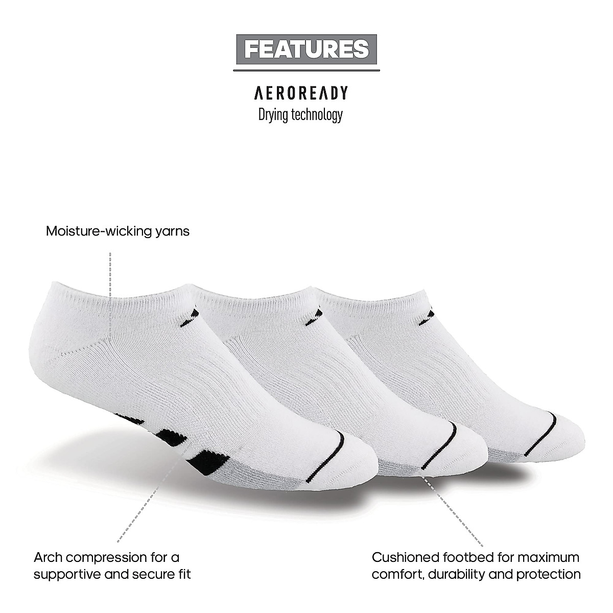 adidas Men's Cushioned No Show Socks (3-Pair), White/Black/Clear Onix Grey, Large