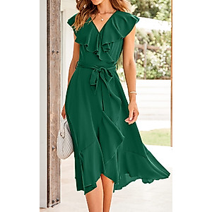 PRETTYGARDEN Women's Summer V Neck Ruffle Wrap Tie Maxi Dress Solid Color Flutter Sleeve Holiday Dresses for Women 2023 (Dark Green,Medium)