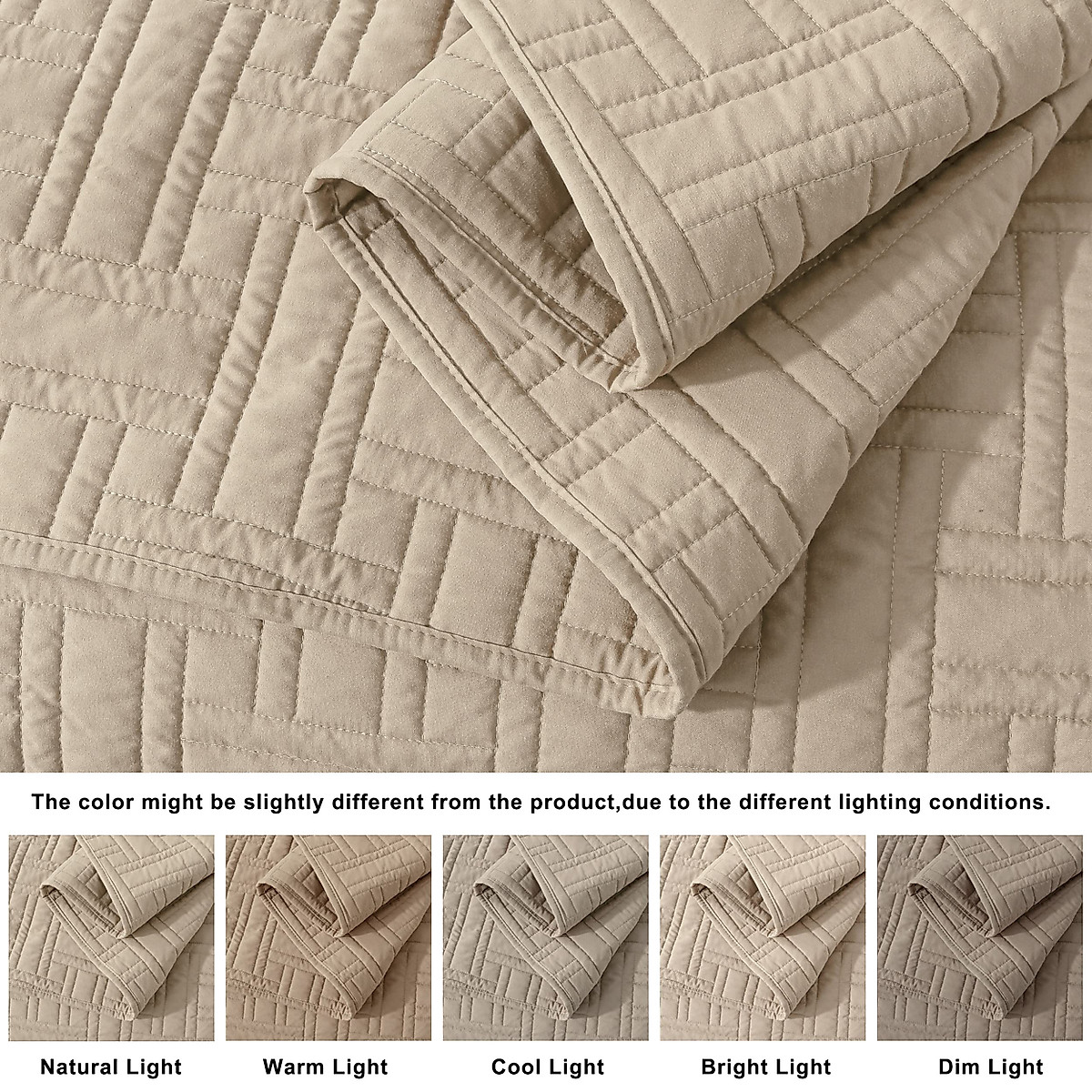 Beige Quilt King Size Bedding Sets with Pillow Shams, Cream Tan Lightweight Soft Bedspread Coverlet, Basket Weave Quilted Blanket Thin Comforter Bed Cover for All Season, 3 Pieces, 104x90 inches