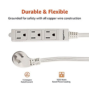 Amazon Basics 3-Foot 3-Prong Indoor Extension Cord Power Strip - Flat Plug, Grounded - 13 Amps, 1625 Watts, 125 VAC - 2-Pack, White
