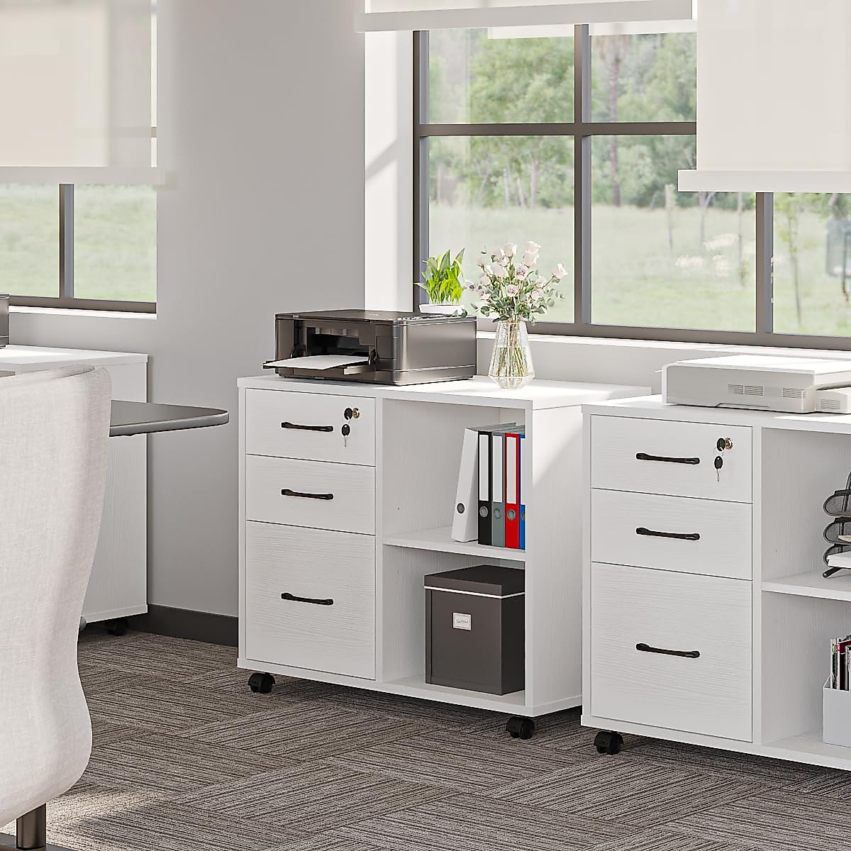 3 Drawer Office File Cabinets, Mobile Lateral Printer Stand with Open Storage Shelf, Rolling Filing Cabinet with Wheels Home Office Organization and Storage (White)